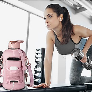 Half Gallon 2.2L Water Bottle With Straw 74oz Large Gym Water Bottle With Storage Sleeve, Bottle Brush, BuiltIn Wallet, Pockets for Phone & AirPod, BPA Free Big Sports Water Jug w/Carry Handle, Pink