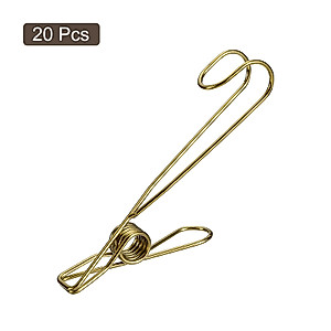 uxcell 20Pcs Clothespin with Hook Stainless Steel Universal Hanging Clips for Laundry Clothes Display Photo Storage Item (92mm Gold)