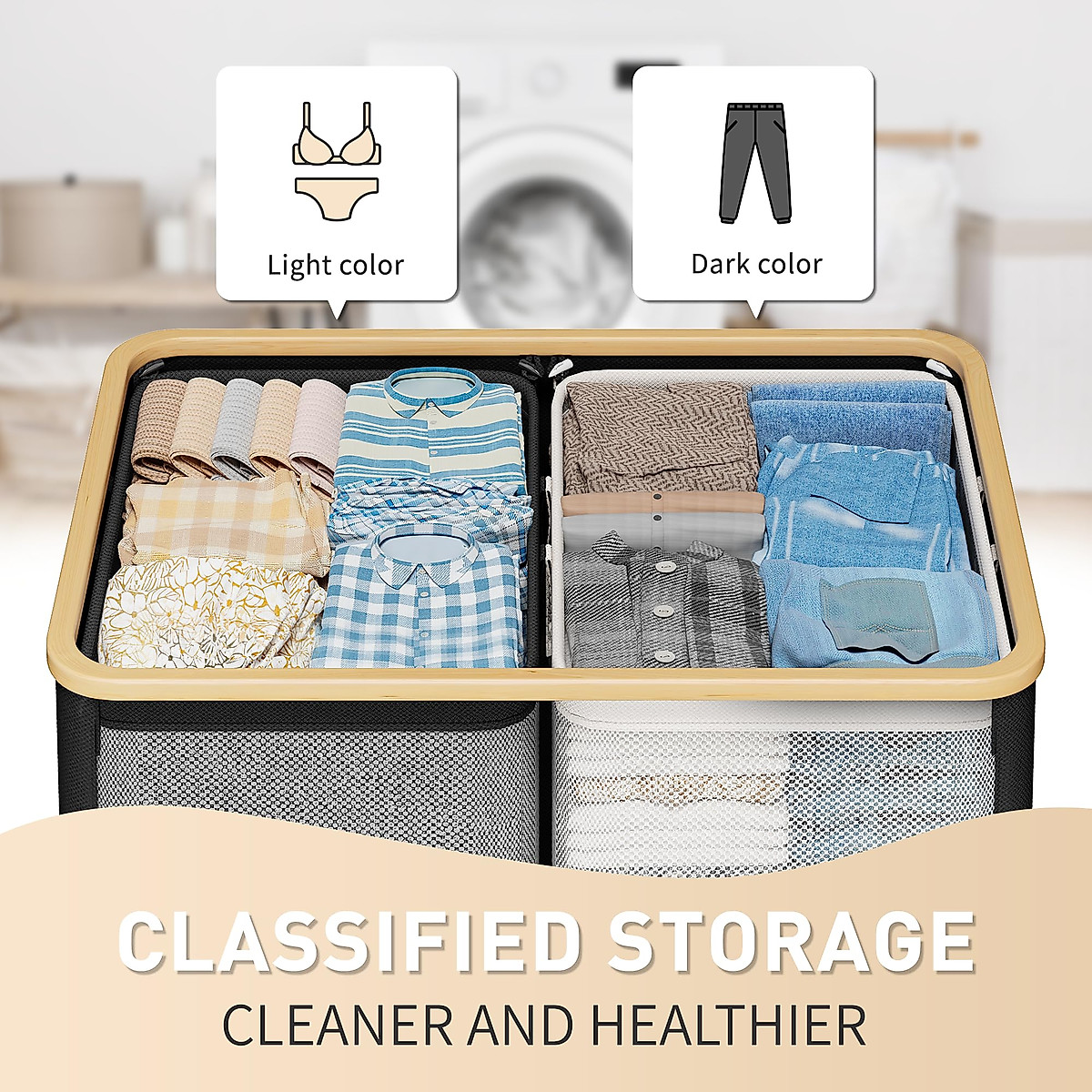 Raybee Laundry Hamper with Lid,160L Laundry Basket with Lid, Clothes Hamper for Laundry Hamper 2 Section, Laundry Hamper with 2 Removable Washing Bags,Freestanding Dirty Clothes Hamper,Black