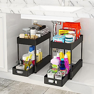 MARGHAZAR-Under Sink Organizers and Storage Bathroom-2 Tier Sliding Under Cabinet Organizer with 2 Cups 4 Hooks-Multi-Purpose Storage Shelf for Bathroom Kitchen Organization-Black