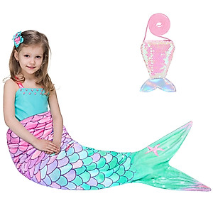 WERNNSAI Mermaid Tail Blanket for Girls Kids - Mermaid Wearable Blankets with Sequin Coin Purse All Seasons Mermaid Tails Sleeping Bags Soft Flannel Snuggle Blanket Birthday Gift Set (Pink & Green)