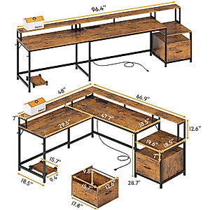 SEDETA L Shaped Desk, 66" Home Office Desk with File Drawer & Power Outlet, Gaming Desk with Led Lights, Corner Computer Desk with Monitor Shelf, Printer Storage Shelves, Two Person Desk, Rustic Brown
