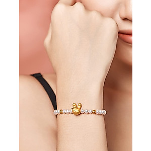 ZHOU LIU FU 24K Solid Gold Bracelets for Women, Stretchable Real Gold Rabbit Freshwater Pearl Bangle Charm Bracelets, Pure Gold White Pearls Bunny Bracelet