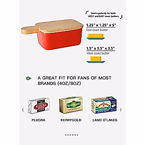 Sweese 323.104 Butter Dish with Lid and Handle, Porcelain Butter Keeper and Extended Wooden Lid, Red