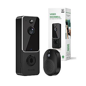 SJCODE Smart Video Doorbell Security Camera Outdoor Included Ring Chime, Wireless and Battery Powered, 2 Way Audio, Human Detection, Night Vision, Cloud Storage, for Indoor/Outdoor Surveillance