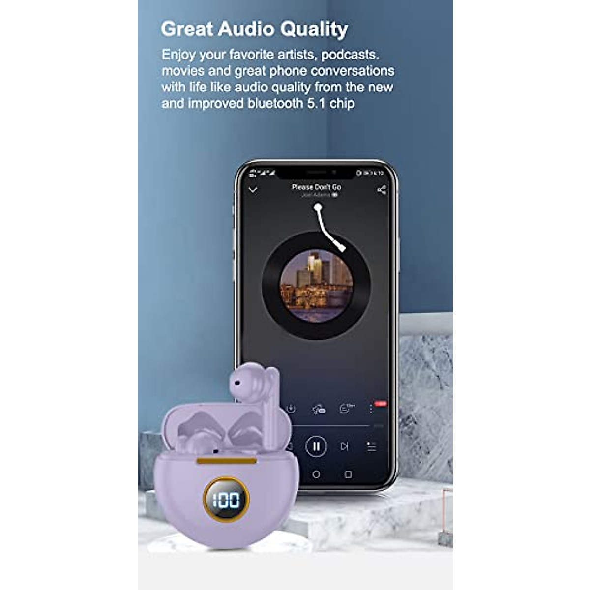 Acuvar in-Ear Wireless Bluetooth 5.1 Headphones, Earbuds IPX7 Waterproof with Microphone Rechargeable USB C Case with Round LCD Display for Smartphones Android iOS (Purple)