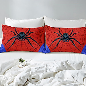 Spider Web Kids Sheet King Size,Black Spider Arachnid Insect Animals Bedding Set,Boys Girls Women Men Room Decor,Happy Halloween Red Blue Fashion Bed Sheet Set 4pcs(Fitted + Flat + 2 Pillowcases)