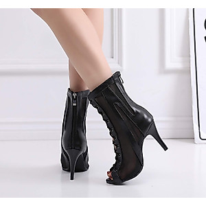 Goettin open toe dance boots sexy black microfiber net 8.5cm high heel dance shoes women (7.5)
