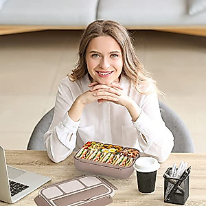 Bento Box Adult Lunch Box, Lunch Containers for Adults Men Women with 4 Compartments, Lunchable Food Container with Utensils, Sauce Jar, Muffin Liners, 40 Oz/5 Cup, Microwave & Dishwasher Safe, Brown