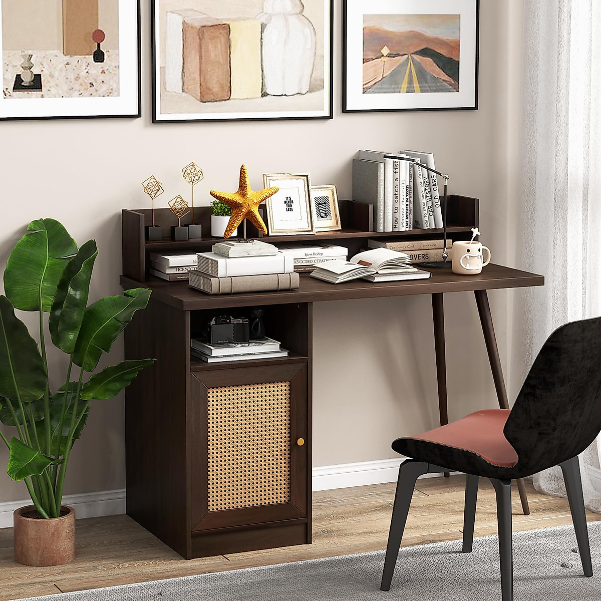 Tangkula Mid Century Desk with Hutch, 48” Writing Study Desk with PE Rattan Storage Cabinet & Shelves, Laptop PC Desk with Rubber Wood Legs, Compact Computer Workstation for Home Office (Brown)