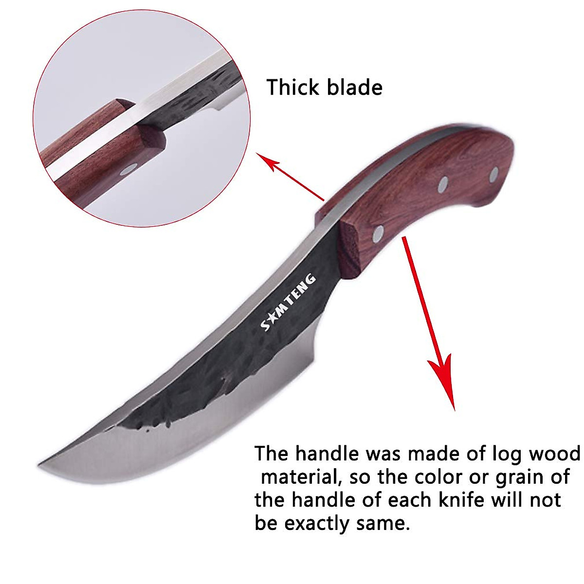 SMTENG Outdoor Survival Knife 5.5 inch，Great for Camping,Hunting and BBQ activities with Leather Sheath，Handmade Forged Hammered kitchen Knife Full tang Sharp Blade Butcher Knives Boning knife