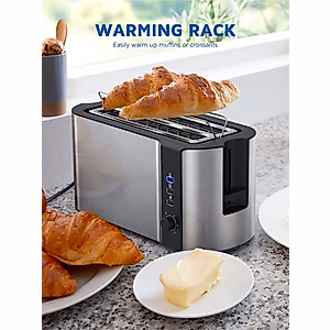 DyBaxa Stainless Steel Toaster 4 Slice, Toaster 2 Slice Long Slot, Compact 4 Slice Toaster Wide Slot for Bagel Sourdough Artisan Croissant Muffin, 6 Browning Control, Warming Rack, Removal Crumb Tray