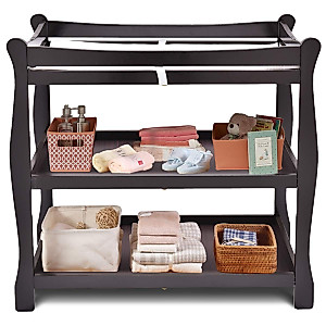 Costzon Baby Changing Table, Infant Diaper Changing Table Organization, Newborn Nursery Station with Pad, Sleigh Style Nursery Dresser Changing Table with Hamper/ 2 Fixed Shelves (Espresso)