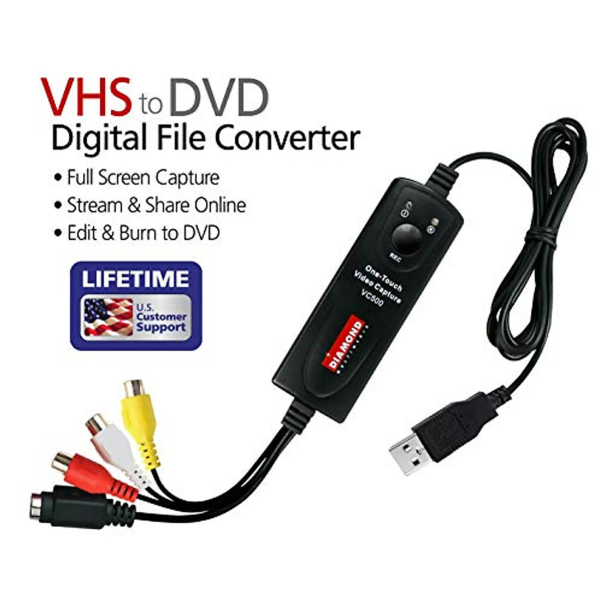 Diamond Multimedia VC500 One Touch VHS to Digital File, DVD Converter with Easy to use Software, Convert, Edit and Save For Win7,8,10,11