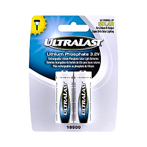 ULTRALAST UL18500SL-2P 18500 Battery - Lithium Phosphate RechargeableFlat Top Batteries - 3.2 Volt, 1000mAh Replacement Lithium Batteries for Flashlights, Outdoor Solar Lights, Home Devices - 2-Pack