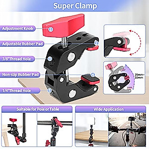 JINSUI 22inch Adjustable Articulating Magic Arm and Super Clamp with 1/4" and 3/8" Thread, Magic Arm Camera Mount with Phone Holder and 3/8" 5/8" Screw Adapters for Microphone, Webcam, LED Light