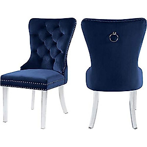 Meridian Furniture Miley Collection Modern | Contemporary Velvet Upholstered Dining Chair with Deep Button Tufting and Sturdy Acrylic Lucite Legs, Set of 2, Navy, 21.5" W x 27" D x 40" H, Blue