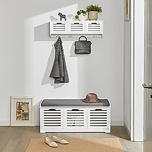 Haotian FSR23-W, White Storage Bench with 3 Drawers & Padded Seat Cushion, Hallway Bench, Shoe Cabinet, Shoe Bench