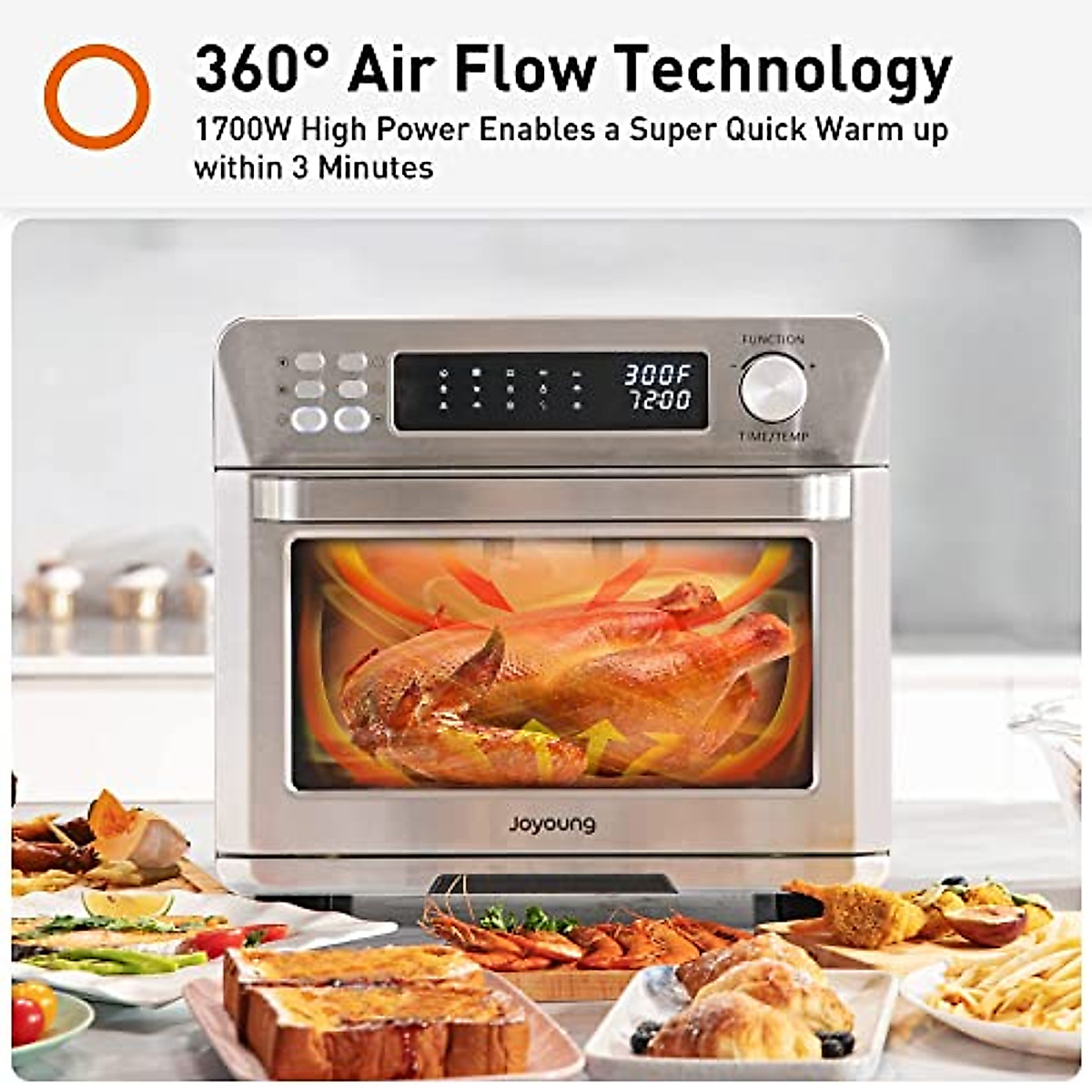 JOYOUNG Air Fryer Toaster Oven with 14 Preset Functions Convection Oven Oil-Less 25QT 1700W, Full-Metal Structure & DualWall Glass, Recipes