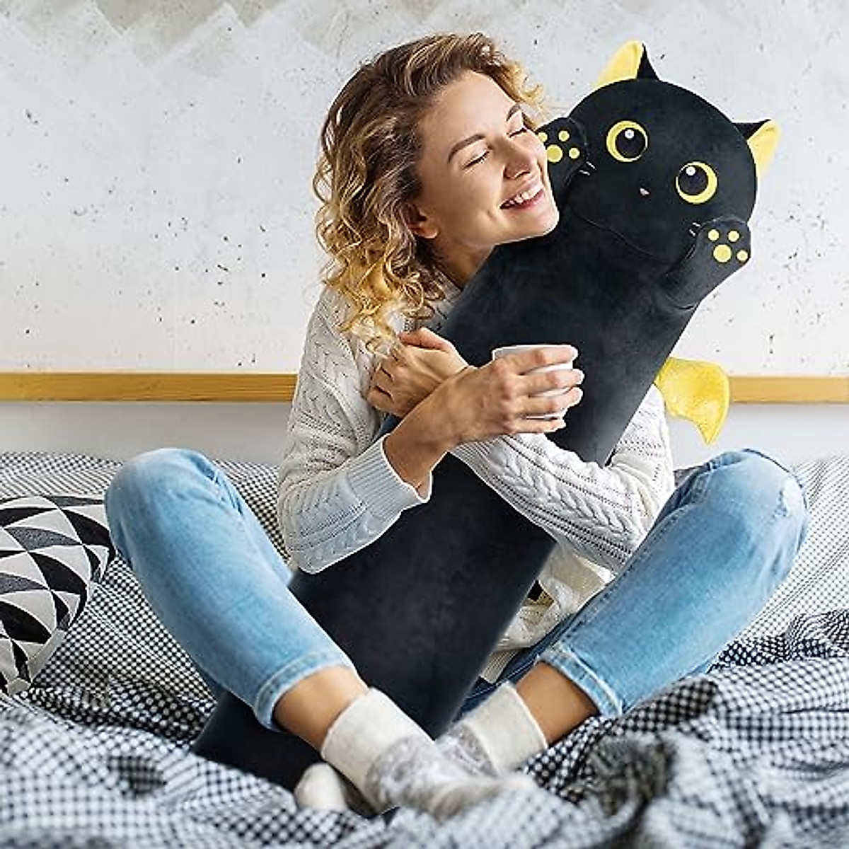 Mewaii Long Cat Plush Body Pillow, 53” Cute Black Cat Stuffed Animals Halloween Plushies, Kawaii Big Squishy Plush Toys Gift for Kids Girls Boys