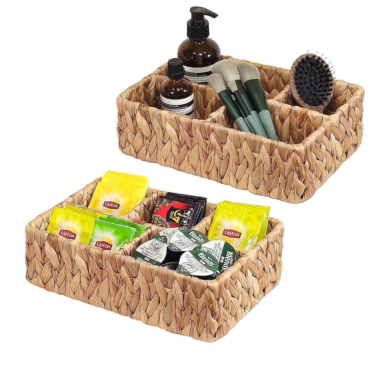Ellinia Wicker Coffee Station Desk Coffee Pod Organizer, Divided Storage Basket Container with 5 Sections, Water Hyacinth Baskets, Tea Bag/Sugar Packet Holder, Basket for Drawer Organizing