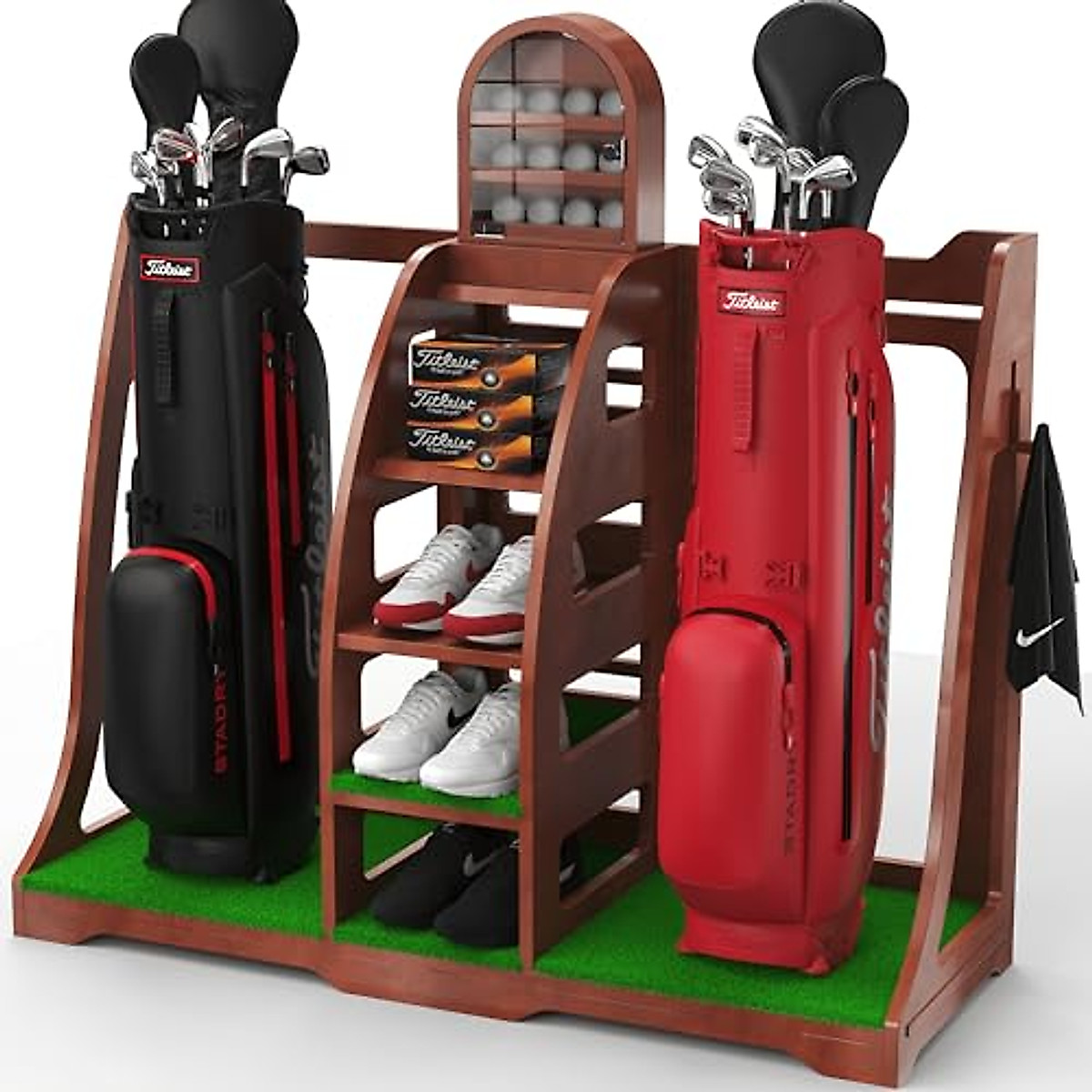 Apex Sports Golf Bag Organizer - Handcrafted Wood Design, Bag Stand, Ball Display, Storage Shelves, Garage Rack (Cherry)