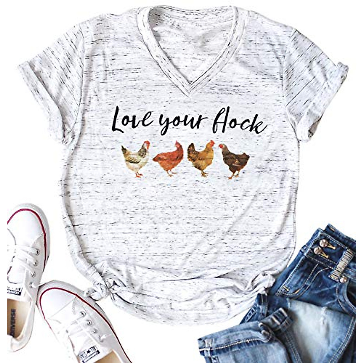 Love Your Flock Shirt Women V-Neck Letters Print Short Sleeves Funny Graphic Tee Casual Tops T Shirts Size L (Light Grey)