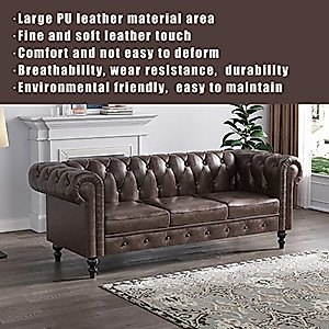 MGH 84'' PU Faux Leather Chesterfield Sofa, Mid-Century 3 Seats Top Grain Living Room Couch, Deep Button Tufted Modern Sofas Couches with Rolled Arm Settee for Bedroom, Brown (110PU)