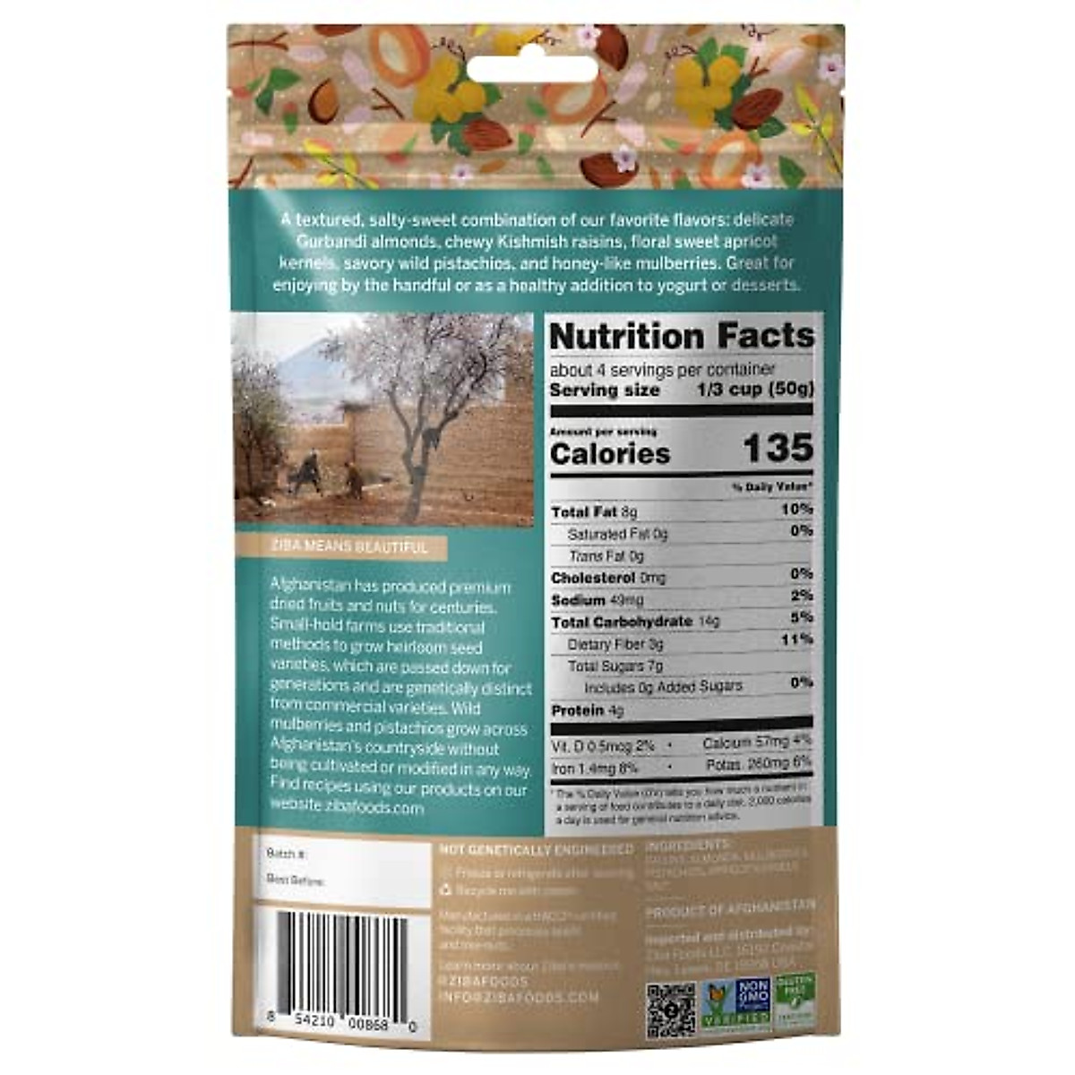 Ziba Foods Trail Mix - Sweet Apricot Kernels, Mulberries, Raisins, Almonds & Pistachios - Non-GMO, Vegan, Whole 30 Friendly & Paleo - High in Fiber, Iron & Antioxidants | Sweet & Savory Snack, 5.3 oz