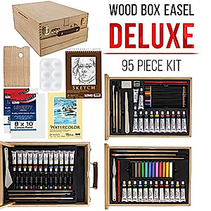 U.S. Art Supply 95 Piece Wood Box Easel Painting Set - Oil, Acrylic, Watercolor Paint Colors and Painting Brushes, Oil Artist Pastels, Pencils - Watercolor, Sketch Paper Pads - Canvas, Palette, Knifes