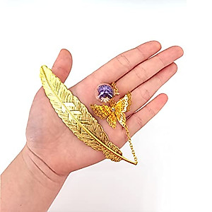 Metal Feather Bookmark, Vintage Book Marks with 3D Butterfly and Glass Beads Dry Flower Pendant, Mother's Day, Graduation Season for Women, Men Book Lovers Creative Gifts Bookmarks-Gold