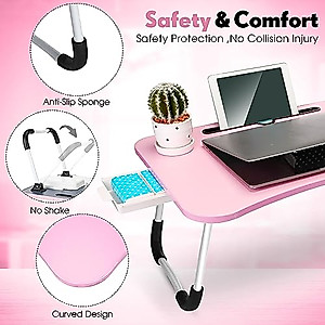 Sintuff 2 Pcs Laptop Bed Desk Foldable Lap Tray with Drawer Cup Holder Large Lap Desk Portable Bed Laptop Table for Breakfast Laptop Bed Tray for Writing Reading on Bed Low Sitting Floor (Black Pink)