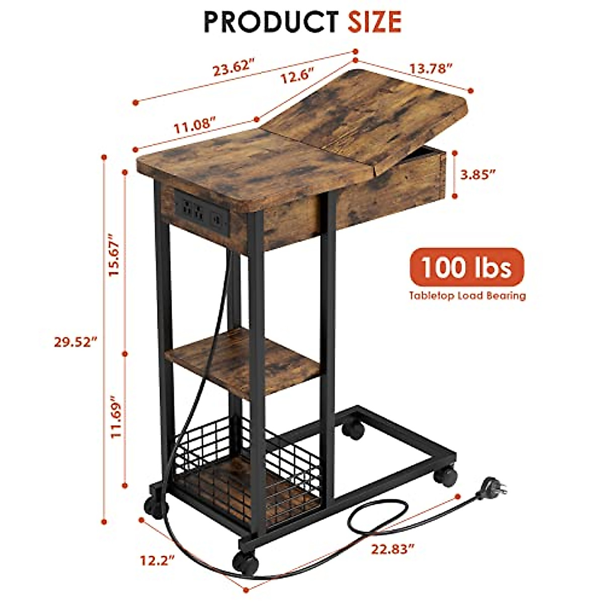 C Shaped Side Table, Mobile Couch Snack Side Table with USB Ports and Charging Station, Narrow End Table with 3 Tier Storage Shelf with Wheels for Small Spaces, Living Room, Bedroom