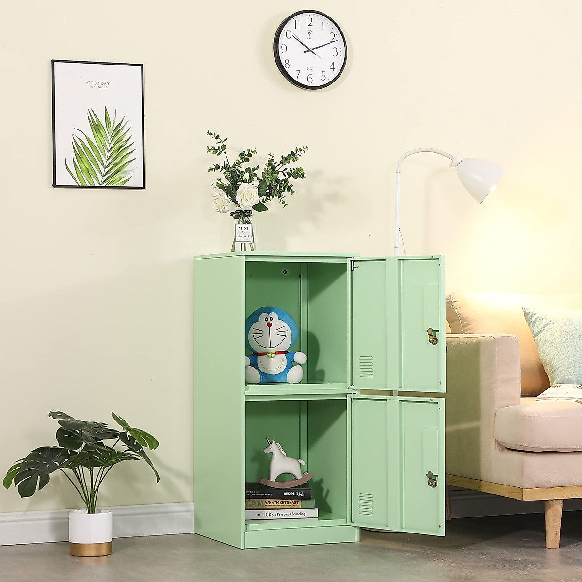 DAYTOYS 2 Door Metal Vertical Storage Locker for Kids Bedroom, Children Room, School, Office, Home,Stackable Steel Storage Cabinet for Toys, Sports Equipment,Anti-Falling Device. (2D, Green)