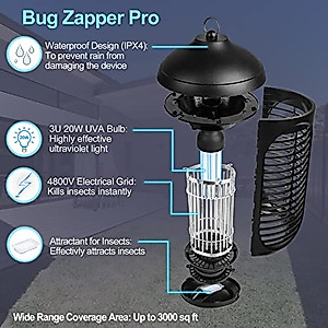 Bug Zapper Outdoor, Lunatino 4800V 20W Electric Mosquito Killer, Waterproof Mosquito Zapper Insect Fly Trap with Attractant for Home Bedroom Patio Garden Office (Black)