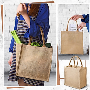 12 Pcs Burlap Jute Tote Bags with Handles Laminated Interior Reusable Blank Bridesmaid Gift Bags Grocery Beach Bag for Shopping Wedding Bachelorette Party Embroidery DIY Art Crafts 12 x 12 x 7.8 inch
