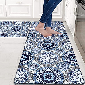 ASPMIZ Kitchen Mats Sets 2 Piece, Memory Foam Kitchen Rugs and Mats Non Slip Washable, Farmhouse Anti Fatigue Kitchen Mat and Runner Set, Blue Cushioned Floor Comfort Mat, 17'' x 47'' + 17'' x 30''