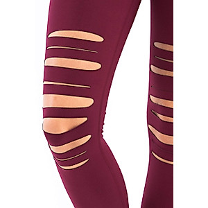 Hype Up Women's High Waisted Ripped Super Buttery Soft Active Wear Full Length Leggings with Inner Pocket (S-3X) Burgundy