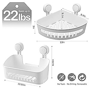 LEVERLOC Corner Shower Caddy Suction Cup And NO-Drilling Removable Shower Caddy Suction Cup Bathroom Shower Shelf Heavy Duty Max Hold 22lbs Caddy Organizer Shower Corner Rack for Bathroom & Kitchen