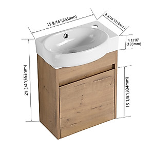 16 inch Floating Bathroom Vanity with Round Single Ceramic Sink, Wall Mounted Bathroom Cabinet with Soft Closing Door Bathroom Vanity and Sink Combo, for Small Space
