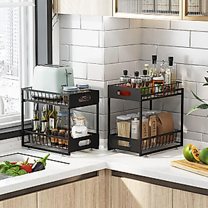 AIKEXIN Under Sink Organizers and Storage, 2 Tier Pull Out Sliding Cabinet Basket Organizer, Metal Cabinet Organizer & Storage Shelves for Kitchen Bathroom (Black)