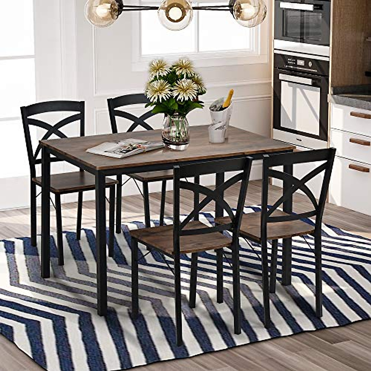 KoiHome 5-Piece Industrial Dining Metal Frame and Wooden Tabletop for 4 People, East-West Furniture Set with Rectangular Table and 4 Ergonomic Chairs for Kitchen,Resturant, Brown