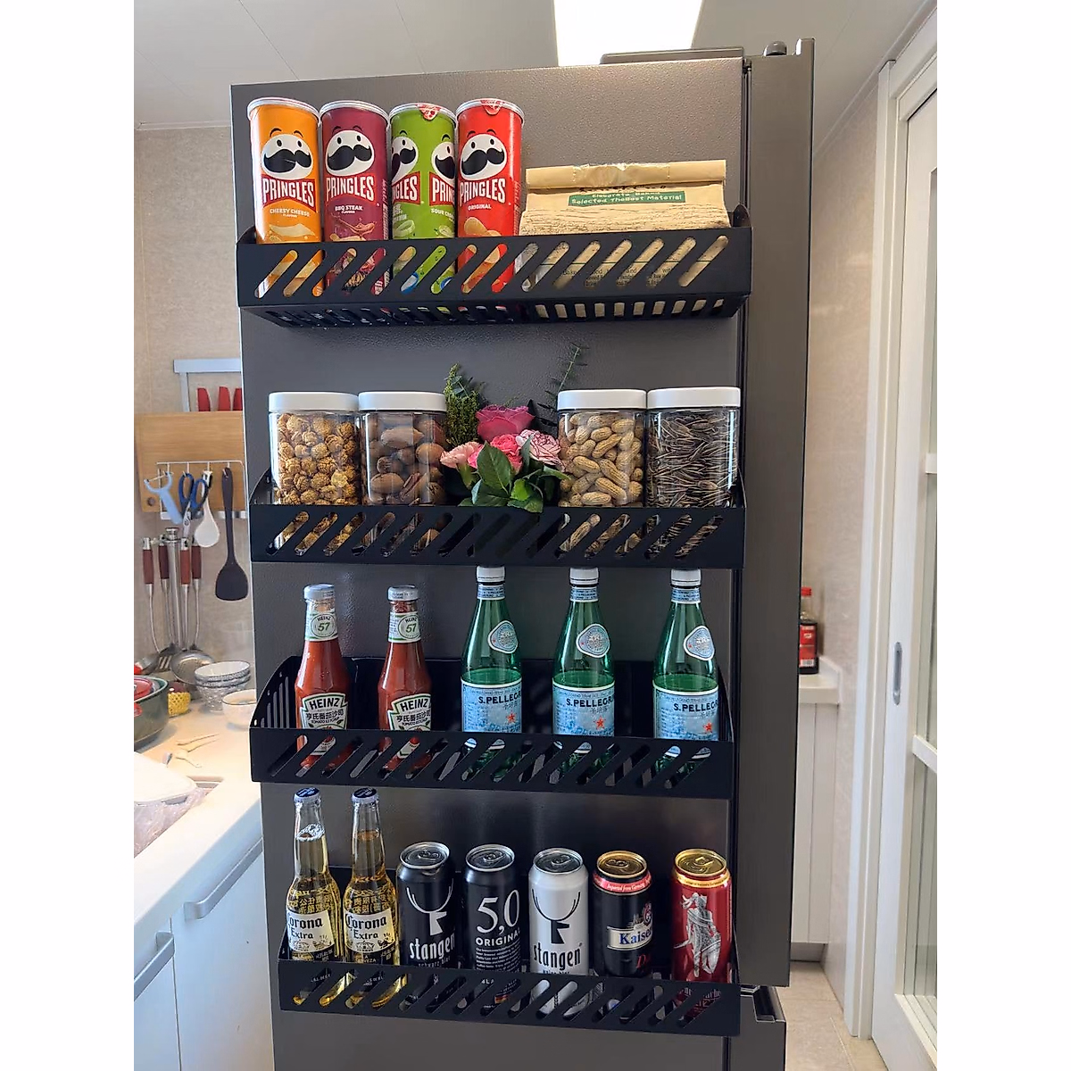 NAFCOOL Magnetic Spice Fridge Rack Shelf Organizer for Refrigerator, 4 Packs Moveable Magnetic Seasoning Organizer Shelves Kitchen Gadgets for Refrigerator Microwave Oven Washer, 19.88” Long