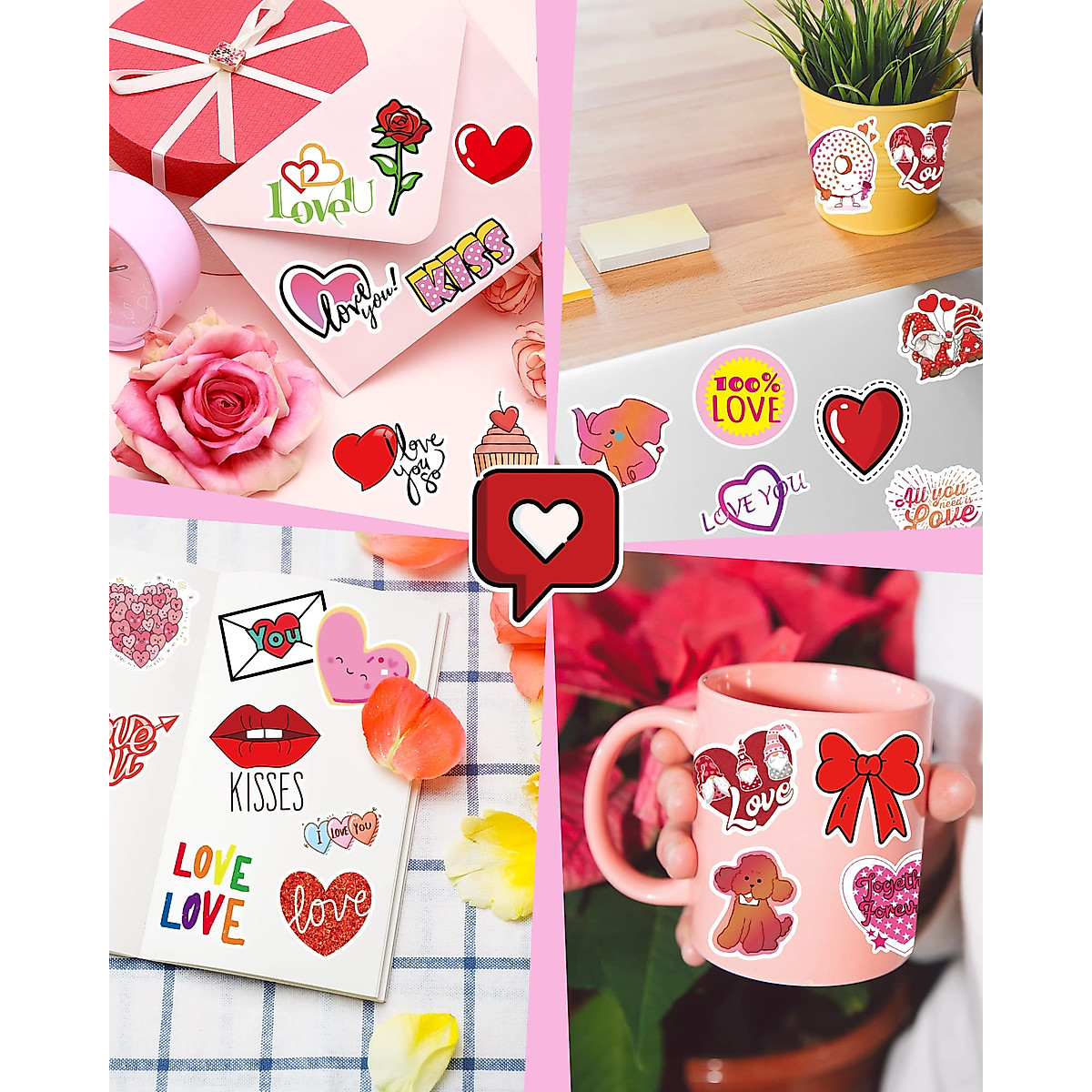 Valentines Day Stickers, Heart Stickers for Water Bottles Cards Gift Boxes Party Favors, Valentines Gifts for Kids Classroom, Waterproof Vinyl Love Stickers for Kids Teens Girls