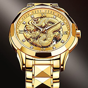 OLEVS Gold Watches for Men Automatic Dragon Skeleton Mechanical Luxury Watch Business Dress with Tungsten Steel Luminous 160FT Waterproof Diamond Fashion Wrist Watch