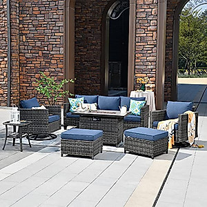 ovios Patio Furniture Set 7 PCS Outdoor Wicker Rattan Sofa Set with 360 Degree Swivel Rocking Chairs 42 Inch Rectangle Gas Fire Pit Table Garden Backyard Porch (Denim Blue-Grey)