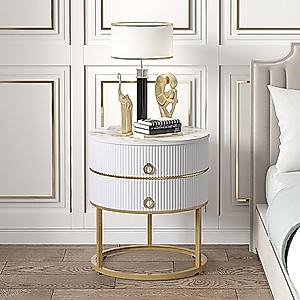 O&K FURNITURE Marble End Table with Storage, Round Nightstand with Drawer, White and Gold Side Table Metal Legs for Bedroom Living Room, Bedside Table Furniture, Marbling Natural Stone