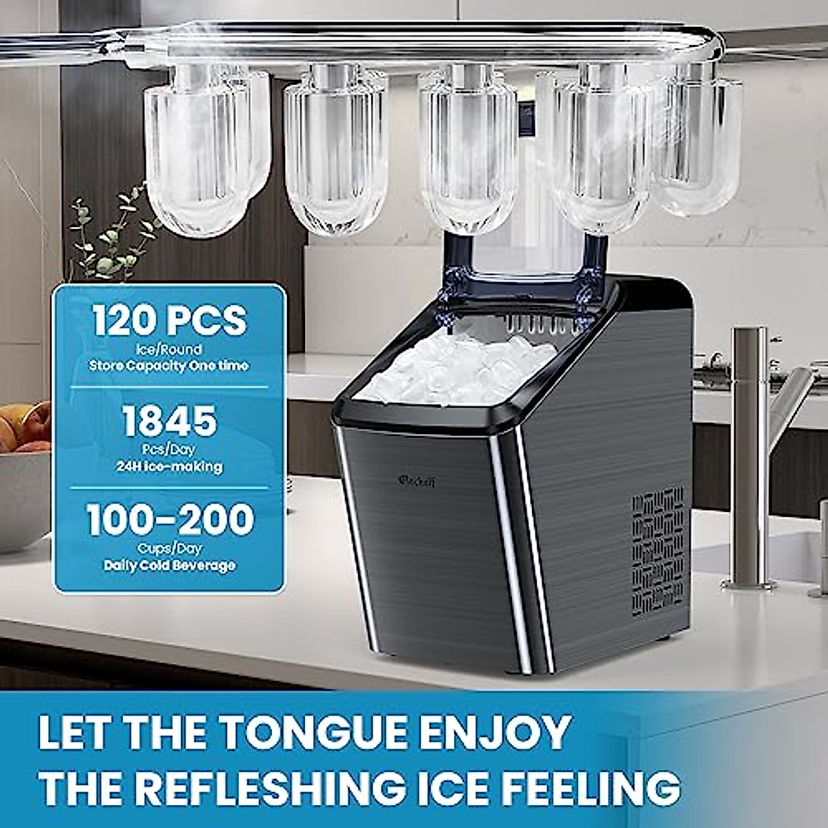 Countertop Ice Makers Countertop Ice Machine Elechelf,33LBS/24HRS,Bullet Ice Maker Machine,9 Pcs Cube Ready in 8-15mins with Scoop and Basket,Perfect for Home/Kitchen/Party/Office（Black）