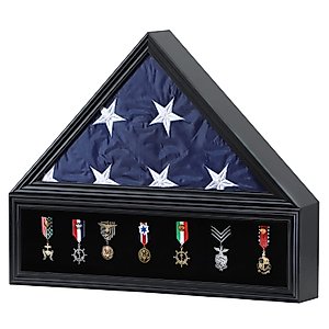 Zmiky Veteran Burial Flag Display Case American Flag Solid Wood Display Case Fits a 5 X 9.5 Flag Folded Military Shadow Box with Felt Lining Holder for Pins Insignia Medals, Black