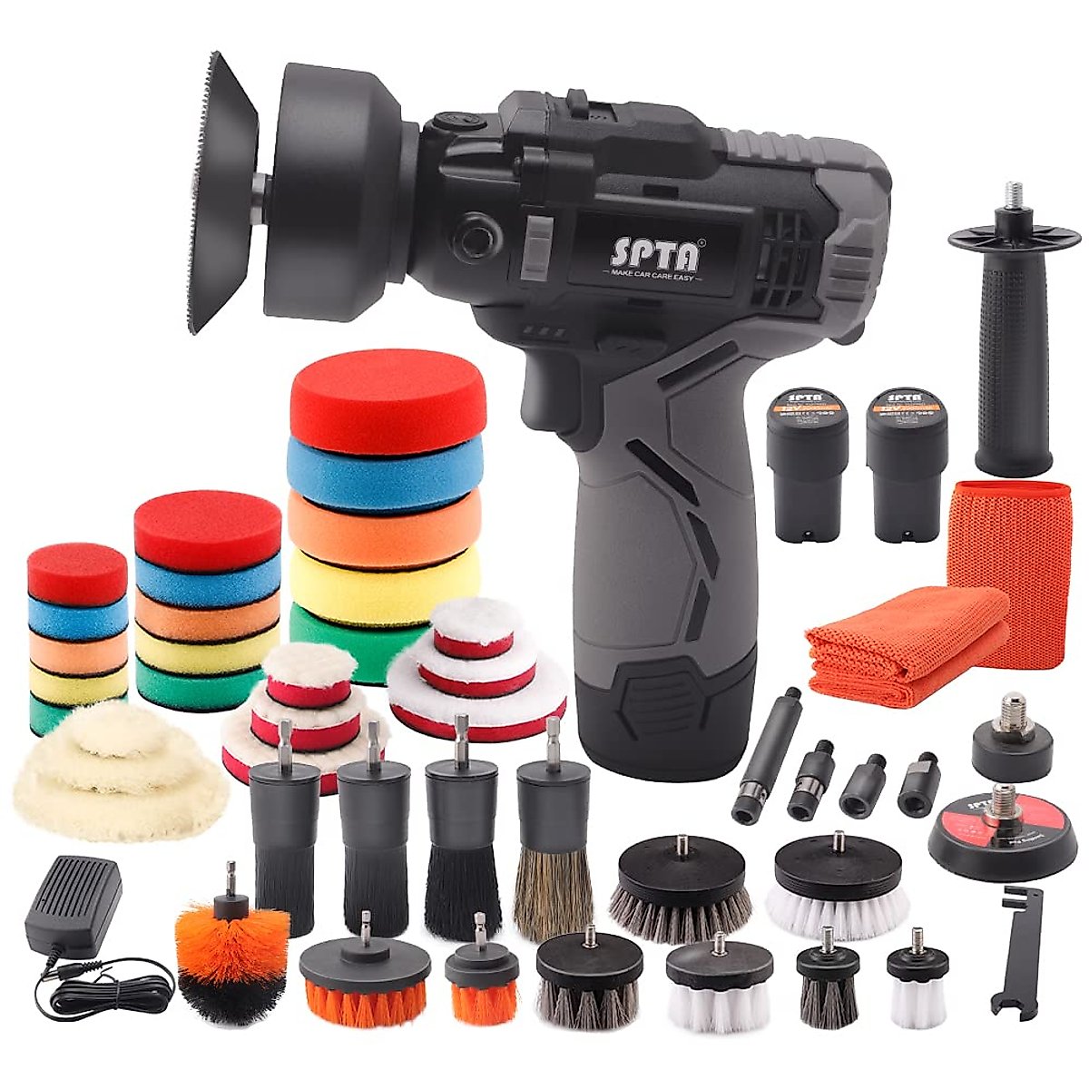 SPTA 12V Cordless Car Rotary Polisher Tool Sets, Dual Action Polisher Cordless Drill Variable Speed Buffer, 2000mAh Li-ion Battery with Fast Charger and Polishing Pads for Car Detailing and Polishing